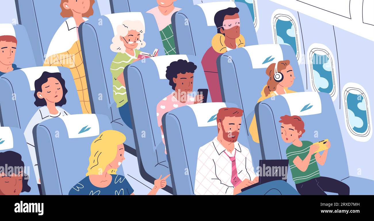 People aboard airplane. Passengers traveling in plane economy class ...