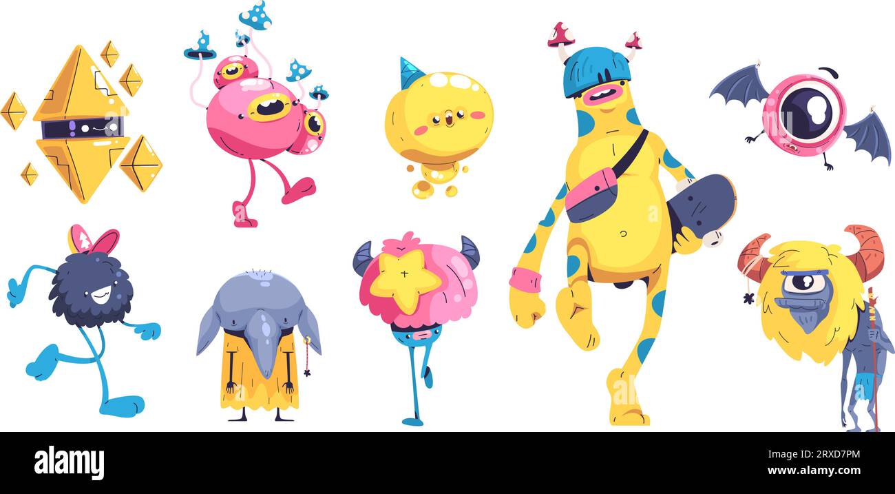 Trendy monster creatures. Cartoon furry monsters alien funny bizarre ...