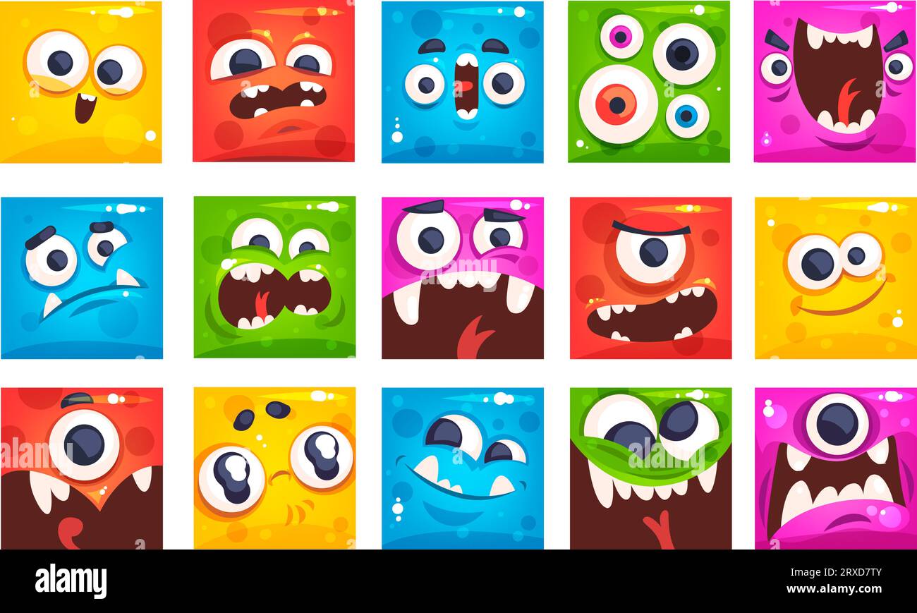 Monsters square avatars. Monsters kids portrait, comic strange mascot ...