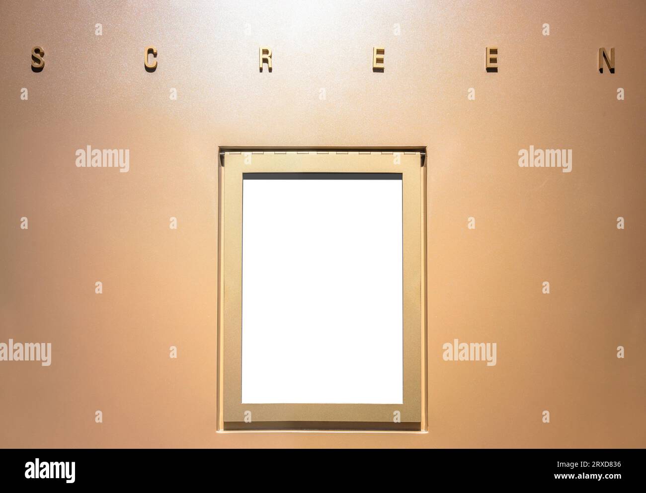 Mock-up of a cinema wall with the word screen in metallic letters lit ...