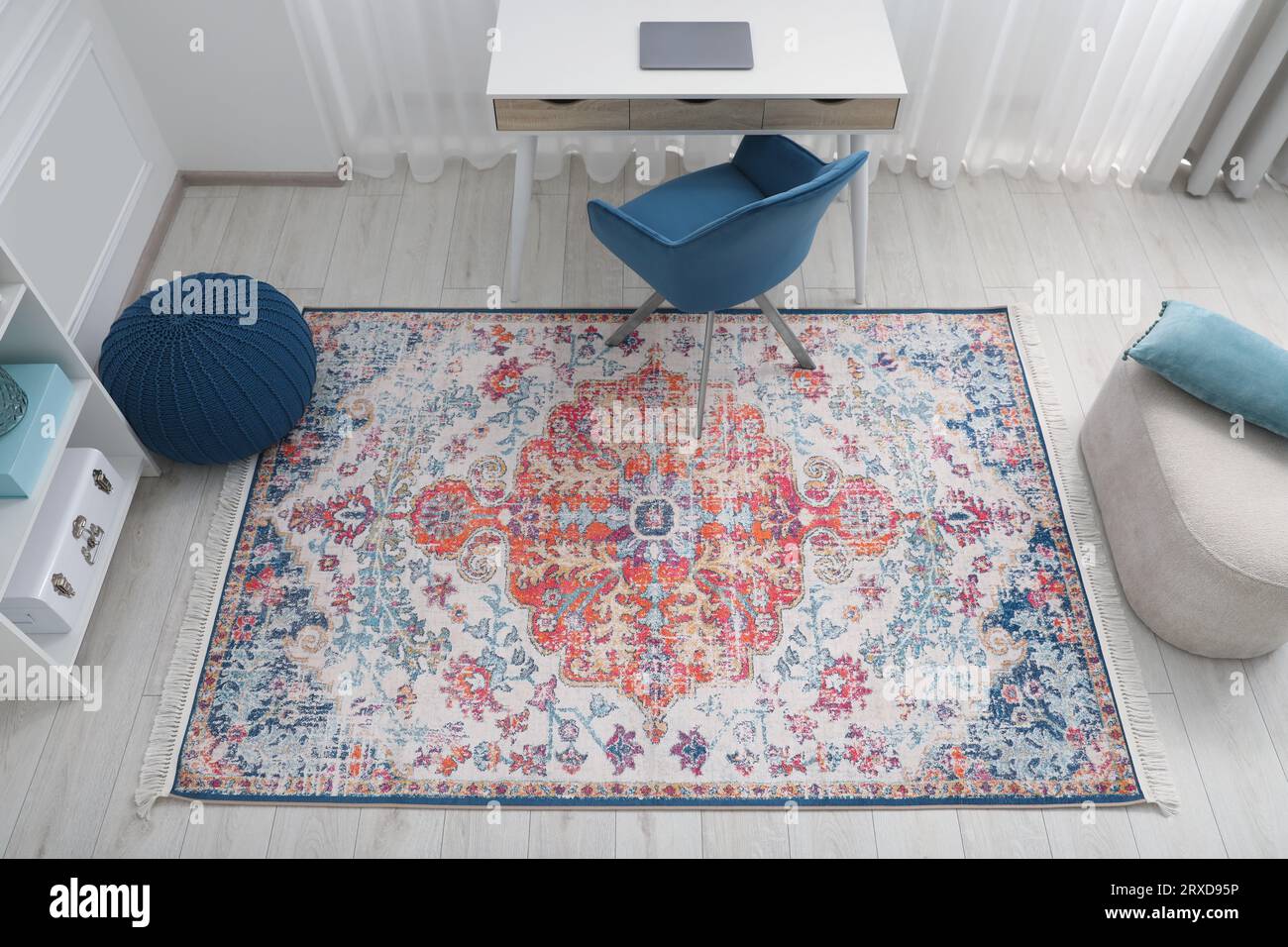 Stylish room with beautiful rug and furniture, above view. Interior ...