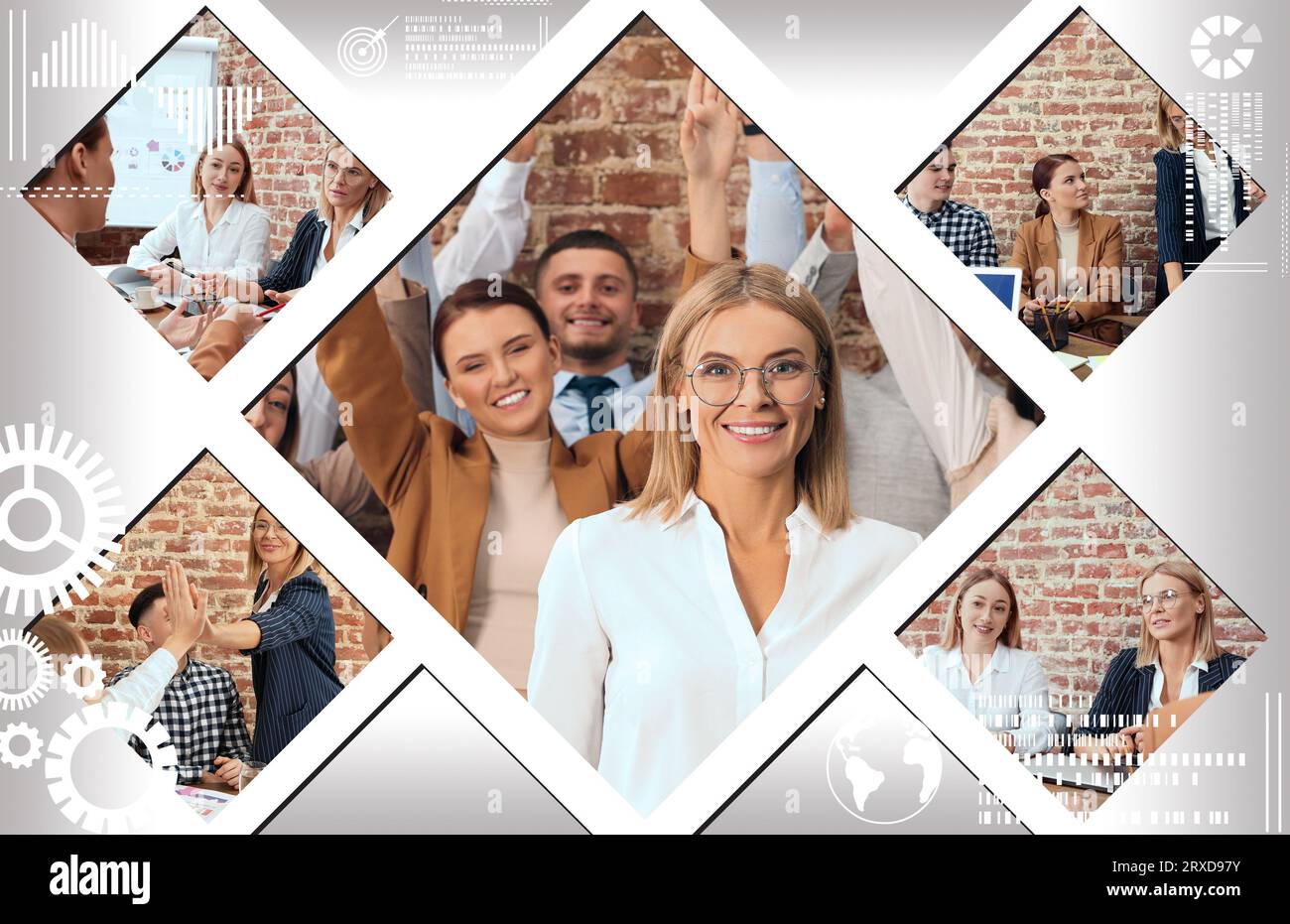 Partner, collaboration. Collage with photos of businesspeople, graphs ...