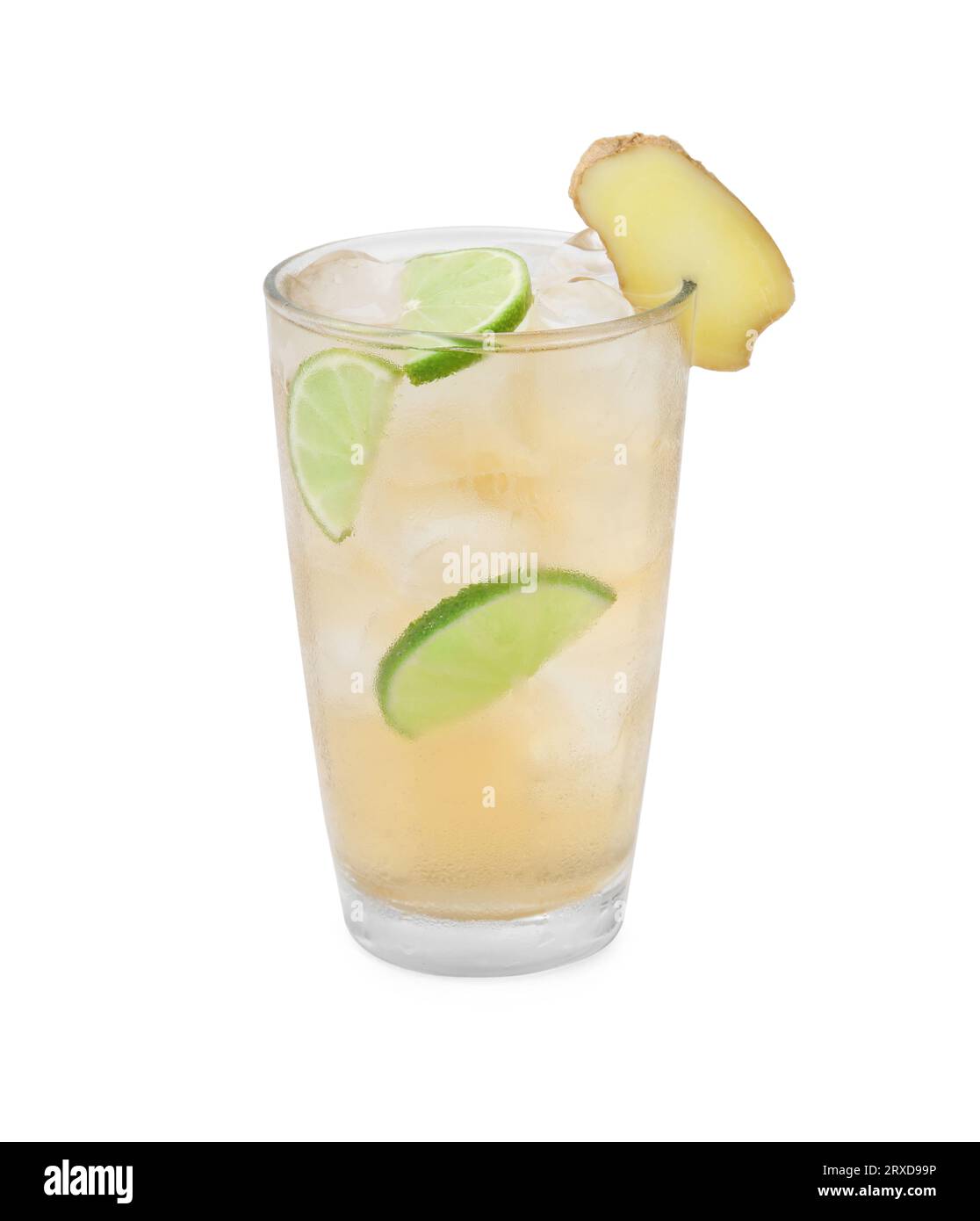 Glass of tasty ale with ice cubes, lime and ginger slices isolated on white Stock Photo - Alamy