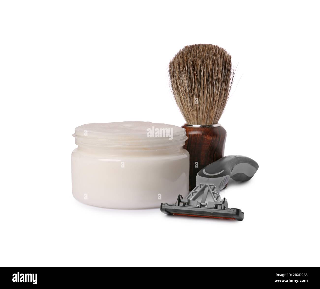 Different men`s shaving accessories on white background Stock Photo - Alamy