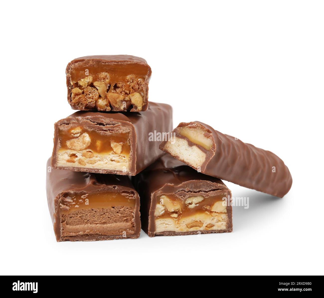 Pieces of different tasty chocolate bars on white background Stock ...