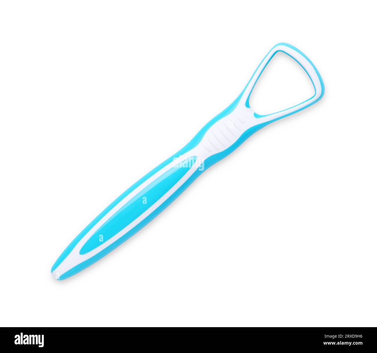 One light blue tongue cleaner isolated on white, top view. Dental care ...