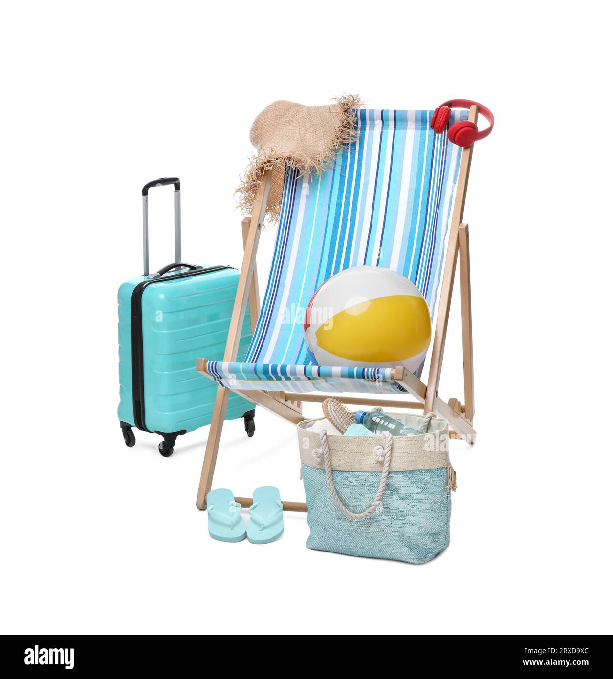 Deck chair, suitcase and beach accessories isolated on white Stock ...