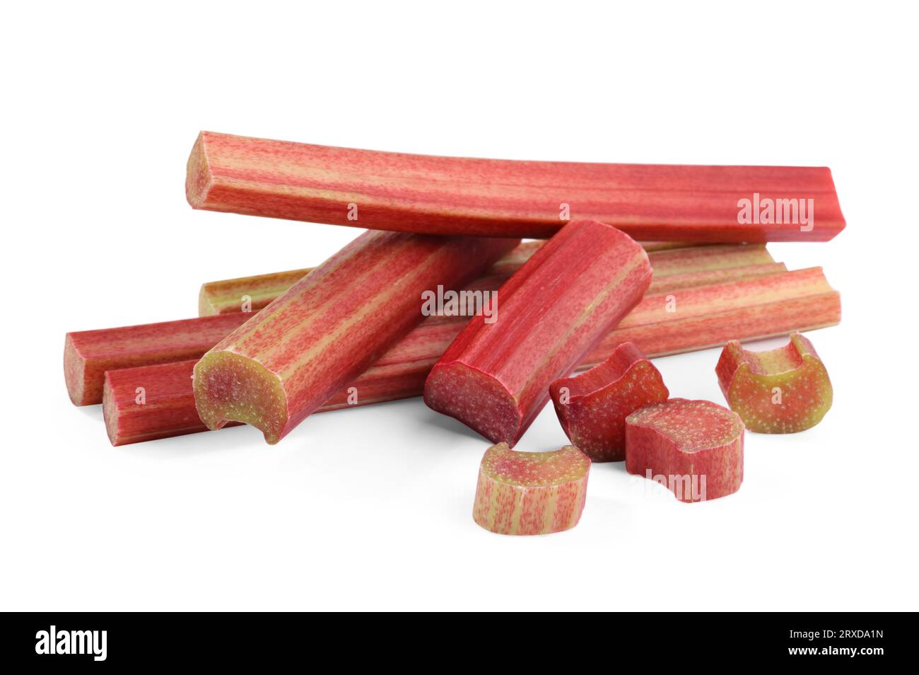 Cut fresh ripe rhubarb isolated on white Stock Photo - Alamy