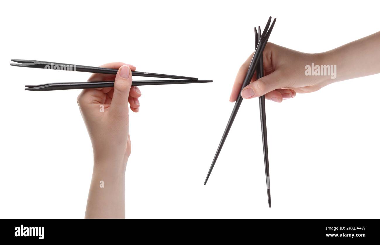 Woman holding chopsticks isolated on white, closeup. Collage with ...