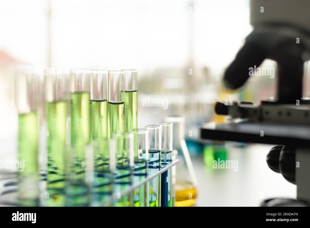 Science equipment in the laboratory. Beaker, test tube, microscope ...