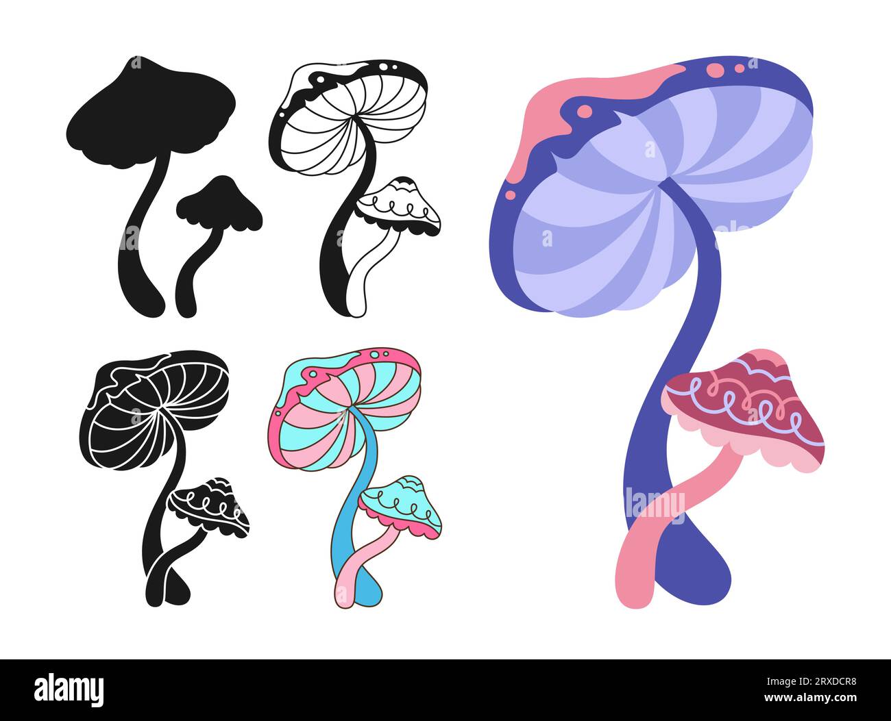 Mushroom psychedelic fantastic symbol set. Cartoon silhouette shape or ...