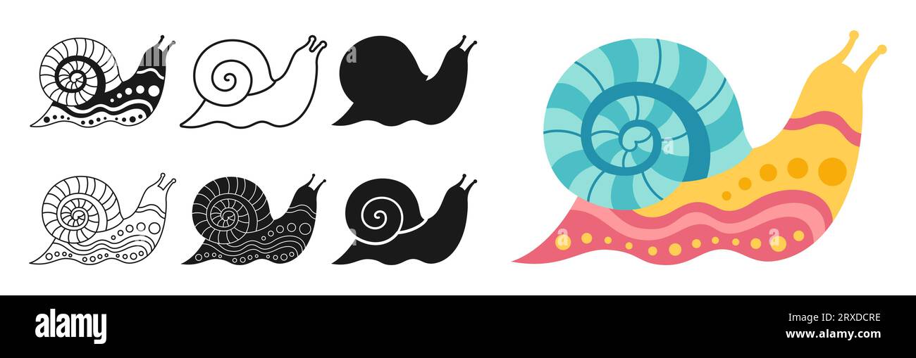 Snail with childish ornament cartoon set. Funny mollusk silhouette shape or symbol, doodle ...