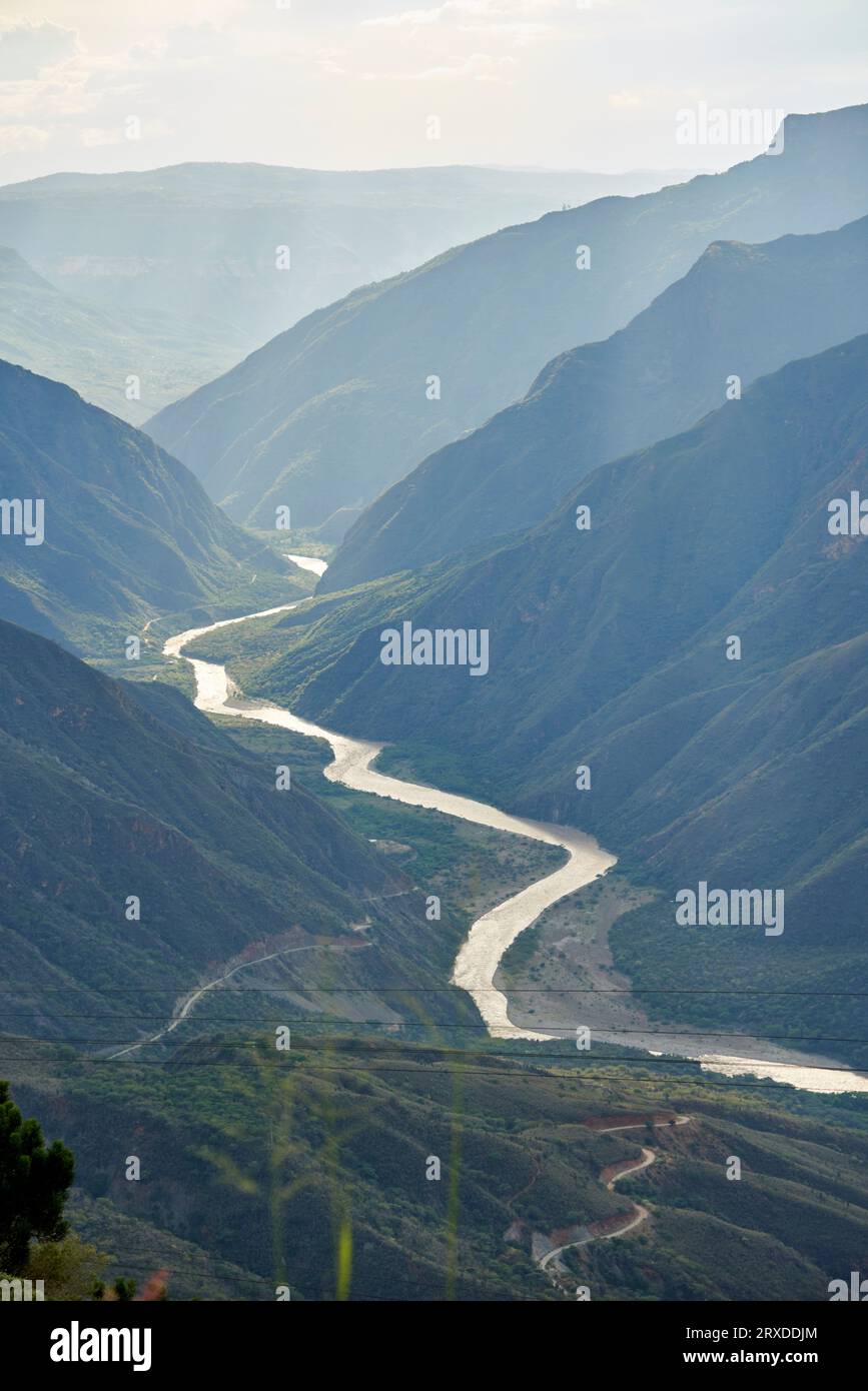 Chicamocha river flows through a canyon, mountainous Andean scenery in Santander, Colombia Stock ...