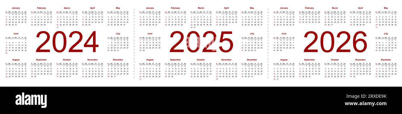 Simple editable vector calendars for year 2024 2025 2026. Week starts from Sunday. Isolated ...