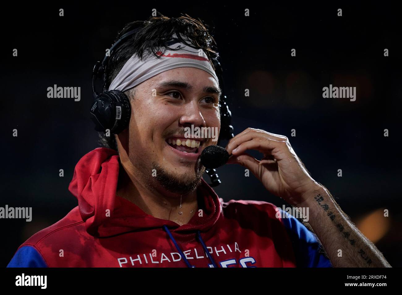 Philadelphia Phillies' Orion Kerkering smiles after a baseball game ...