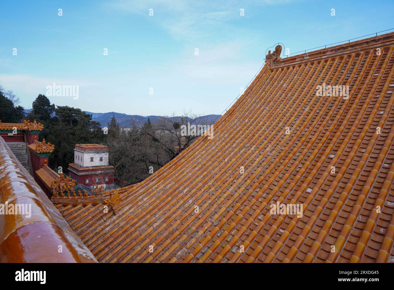 Yellow Chinese glazed roof tile on Tibetan architecture in Summer ...