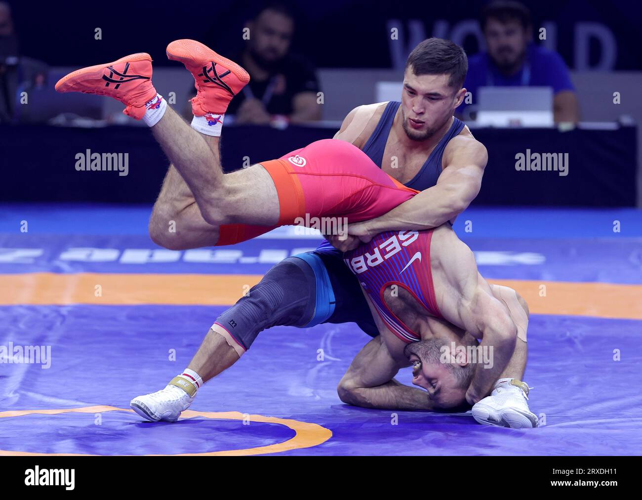 Belgrade. 24th Sep, 2023. Serbia's Mate Nemes (down) and Kyrgyzstan's ...