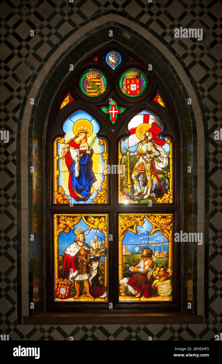 Stained-Glass window inside the Chapel, Our Lady of Pena, at the Pena ...