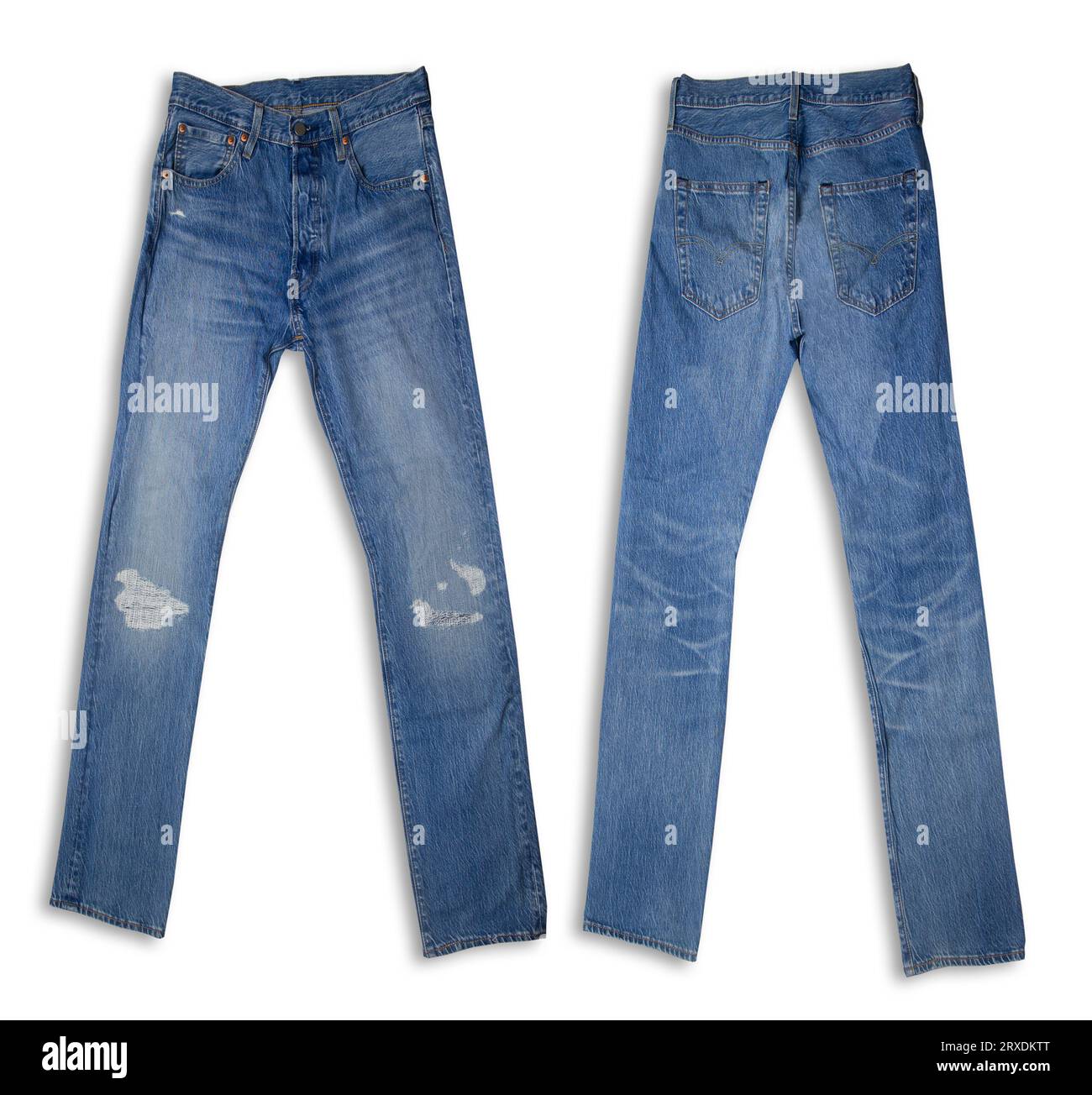 Denim texture in close up view with copy space isolate on white ...