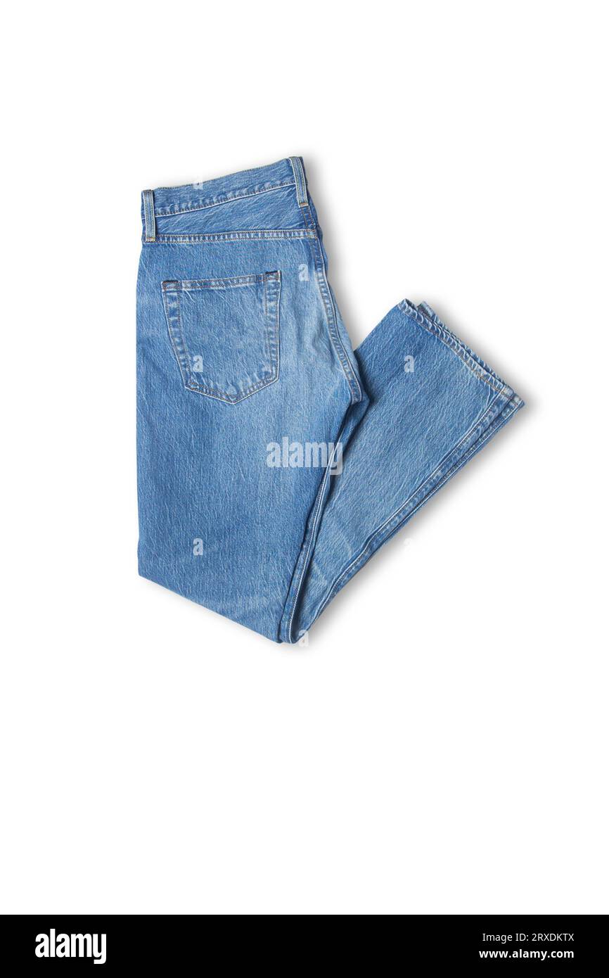 Denim texture in close up view with copy space isolate on white ...