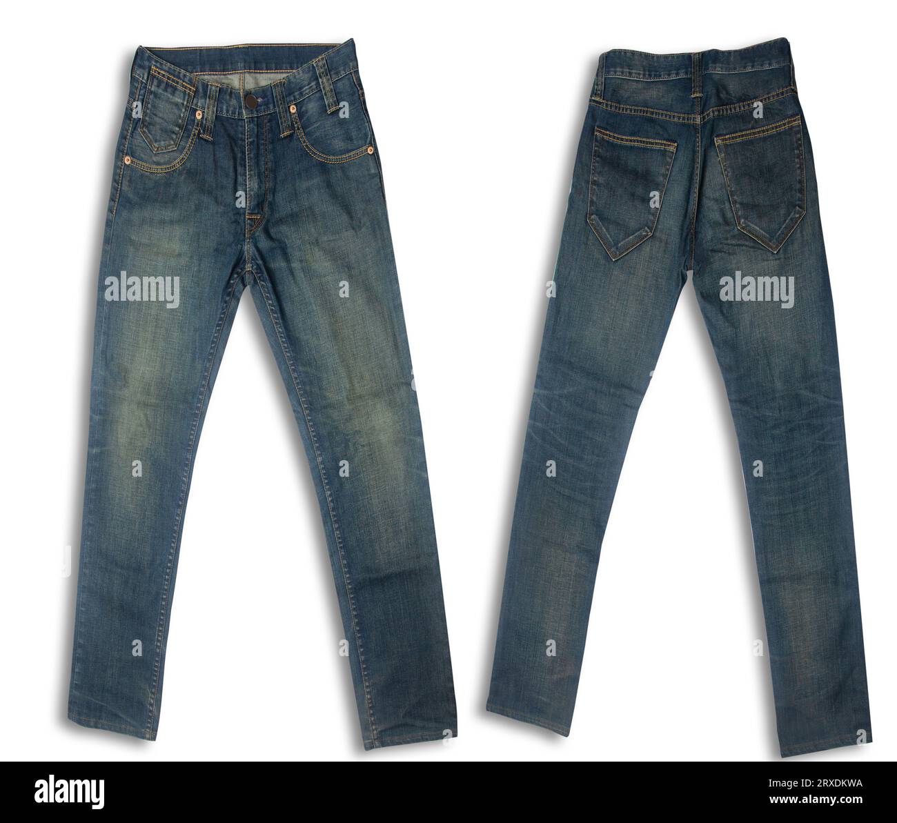 Denim texture in close up view with copy space isolate on white ...