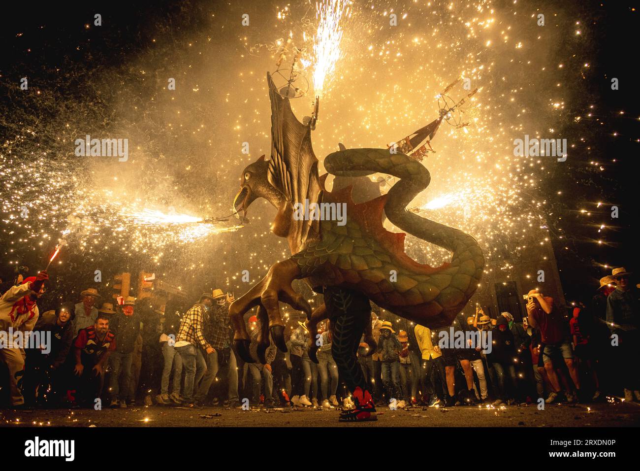Tarragona, Spain. 25th Sep, 2023. 'Correfocs'(fire runners) set off ...