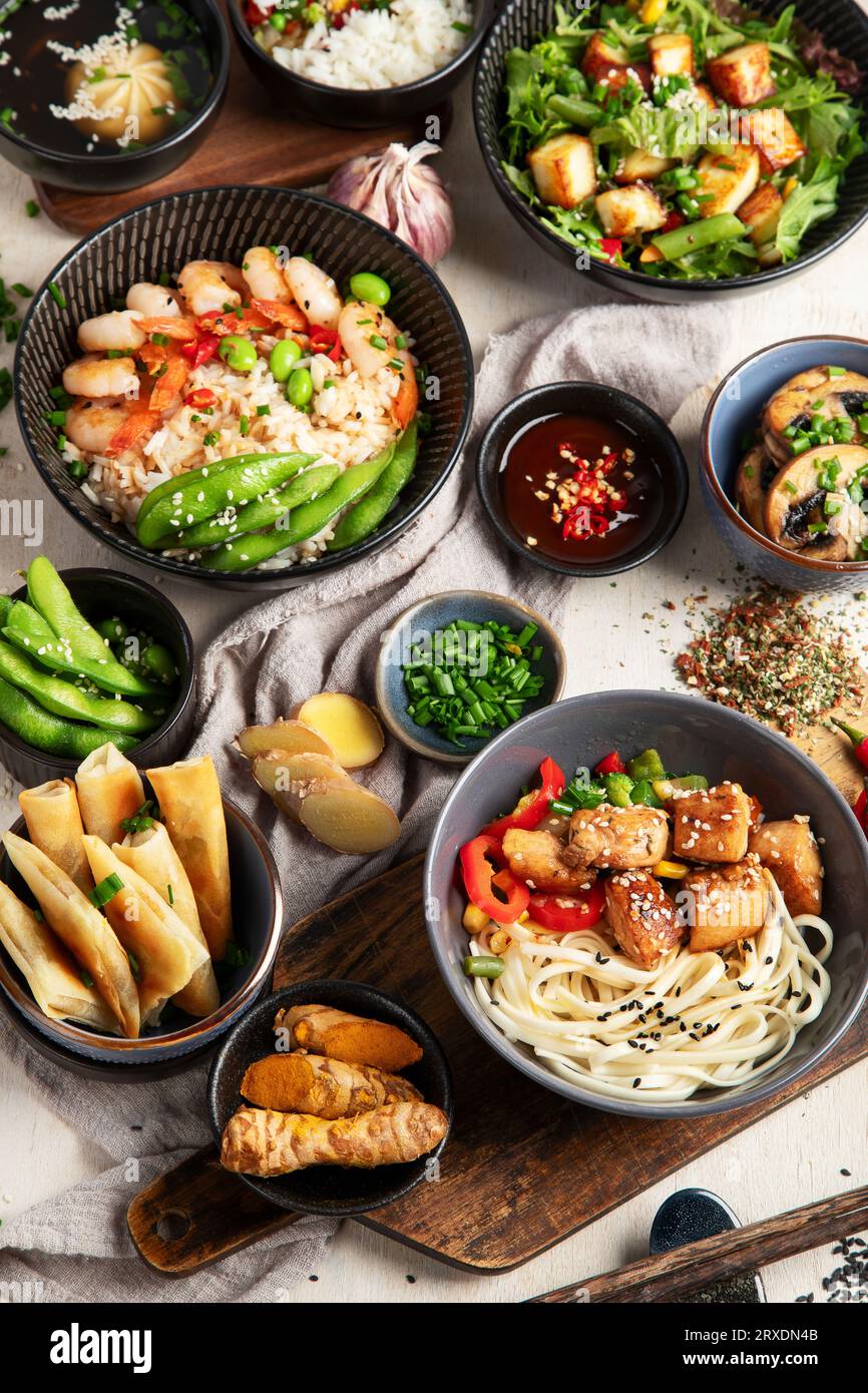 Assortment of traditional asian dishes. Asian food concept. Top view ...