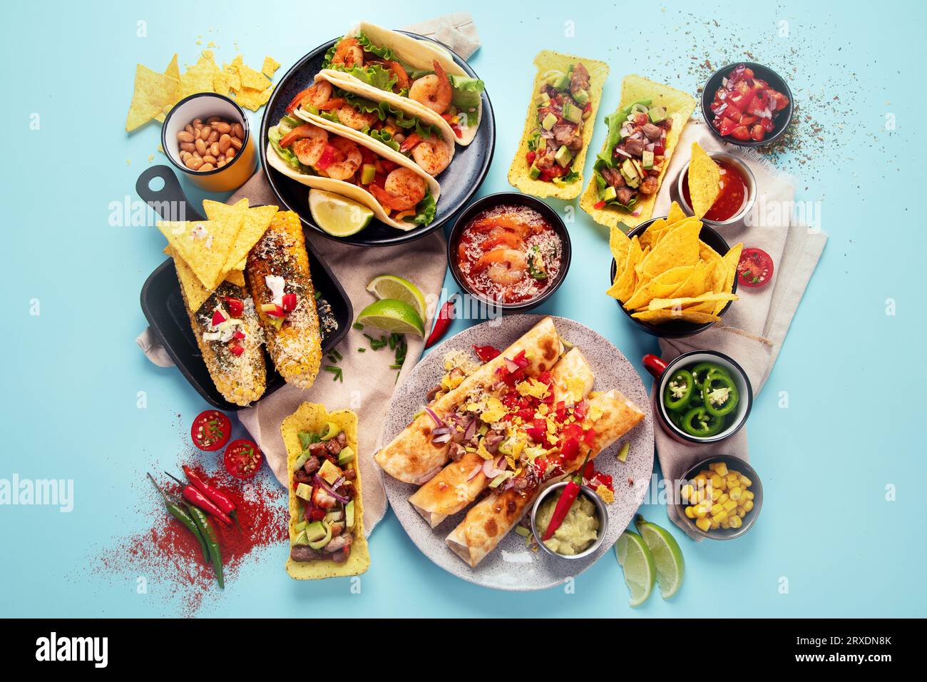 Mexican food, many dishes of the cuisine of Mexico on a blue background ...