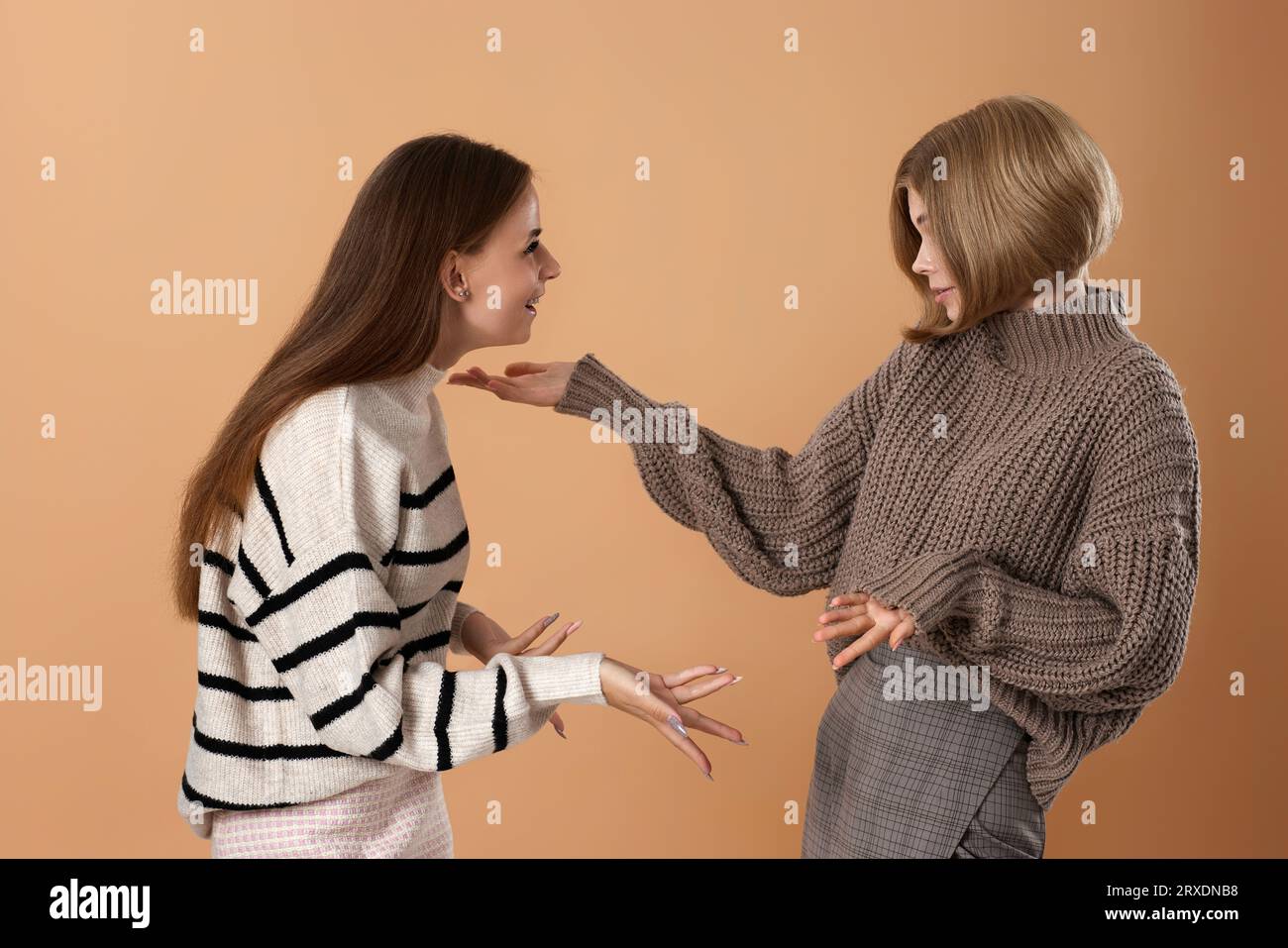 Two cheerful attractive women friends talking together Stock Photo - Alamy