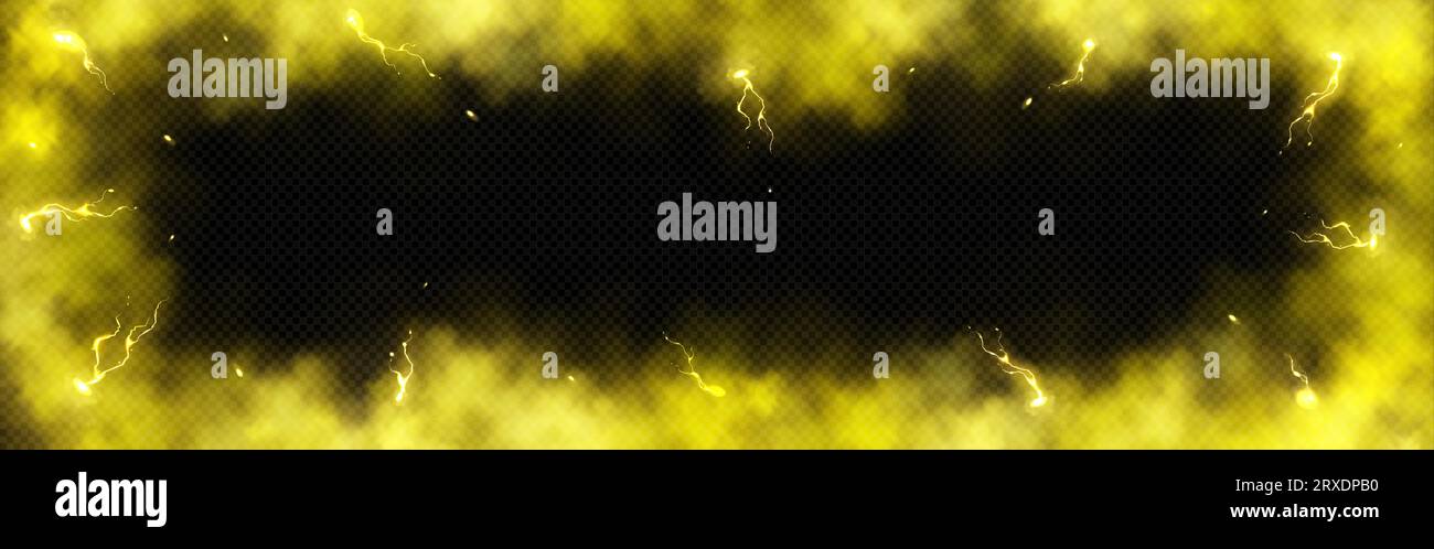 Yellow lightning frame with smoke glow effect. Thunder light electric ...