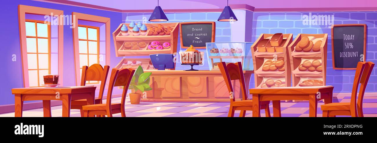 Bakery shop interior with furniture. Vector cartoon illustration of ...