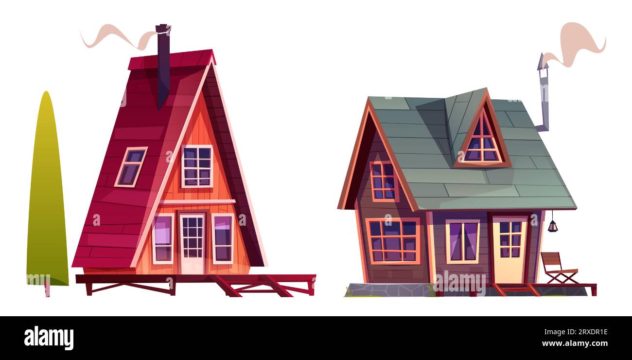 Forest wooden cabin house isolated cartoon vector set. Summer wood hut ...