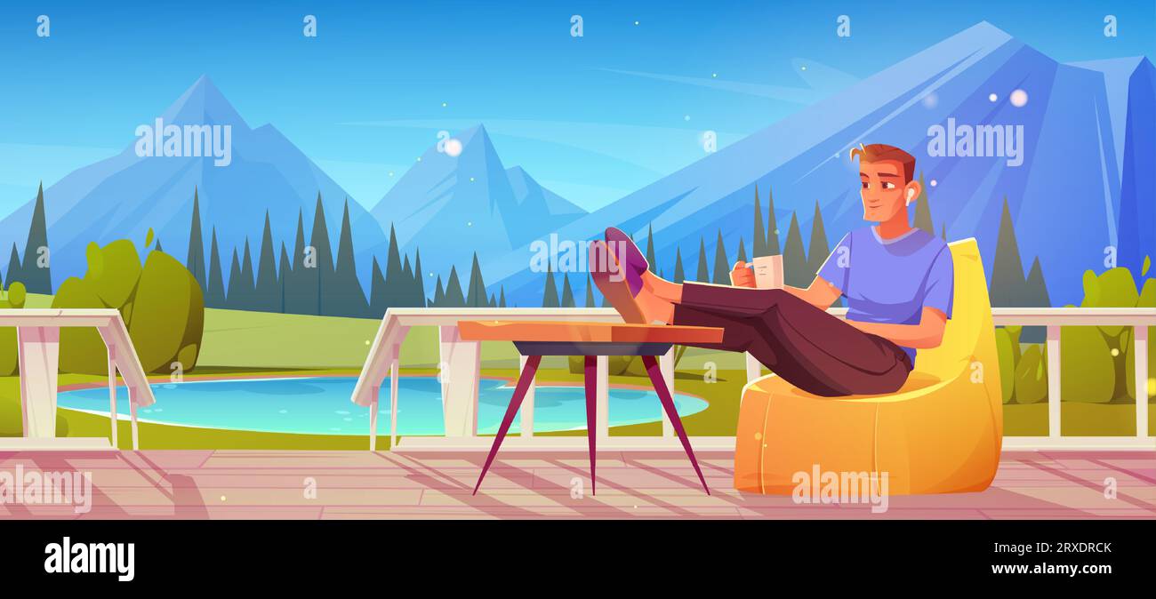 Man sitting on porch with mountain view cartoon background. Table and ...