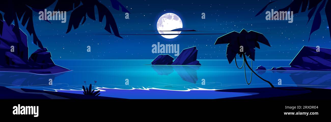 Night moonlight on sea beach island vector background scene. Star and ...