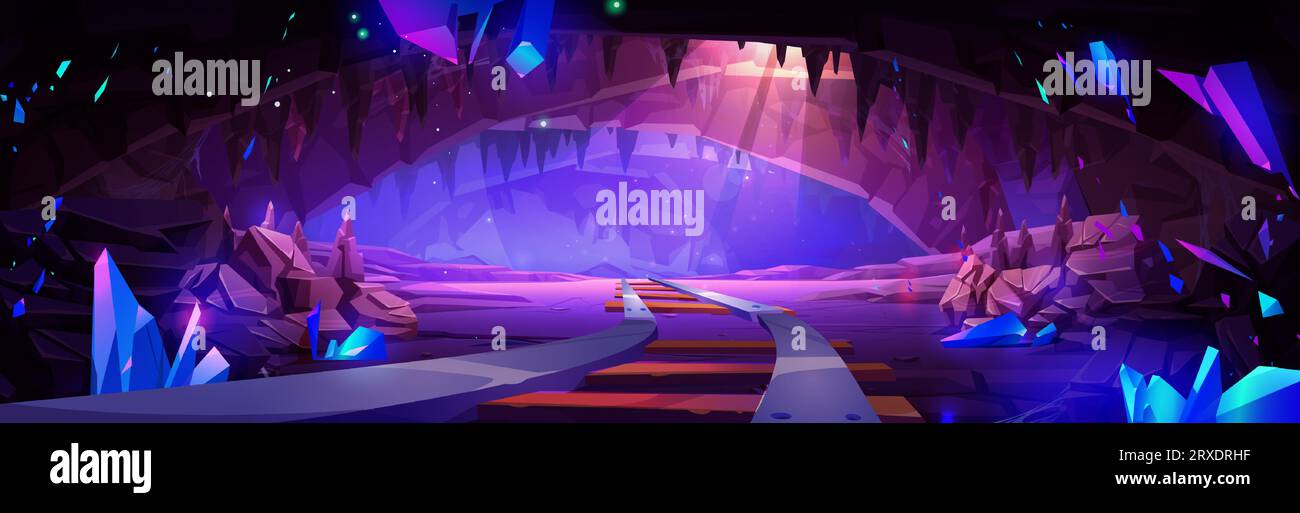 Coal mine cave with railway and crystal background. Underground ...