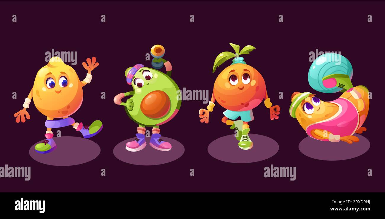 Cute fruit yoga character do gym exercise vector. Funny food set with ...