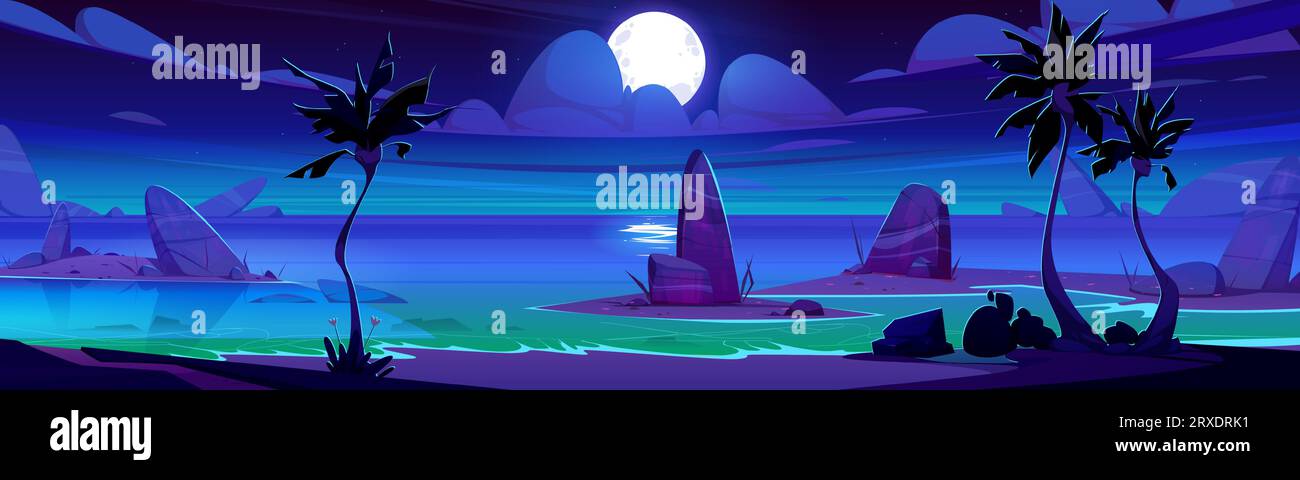 Night seascape with full moon glowing in dark starry sky. Vector ...