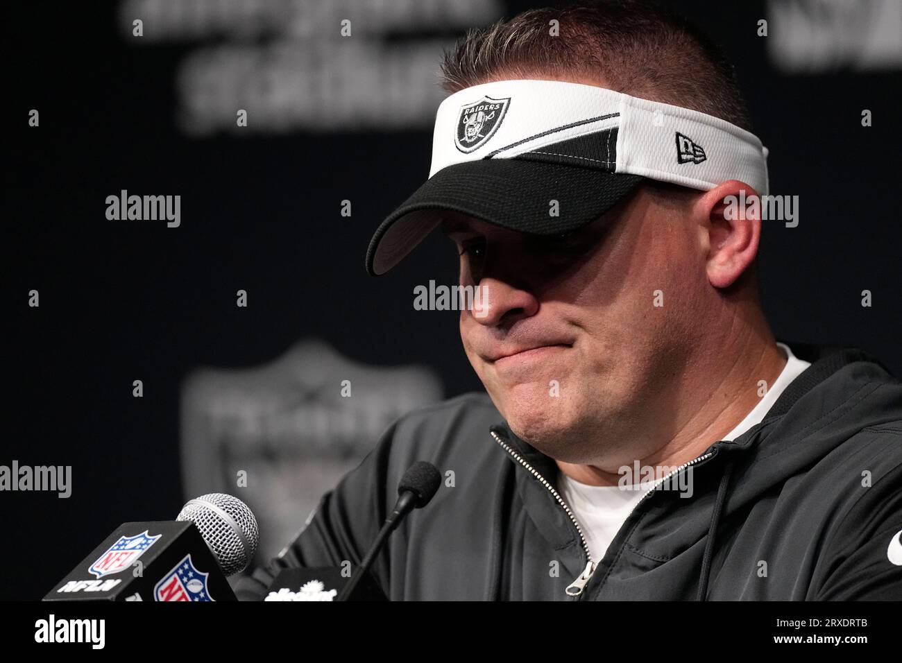 Las Vegas Raiders head coach Josh McDaniels answers questions after a ...