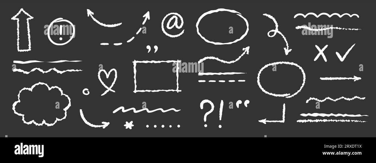 Chalkboard arrow, underline element vector set. Hand drawn sketch style ...