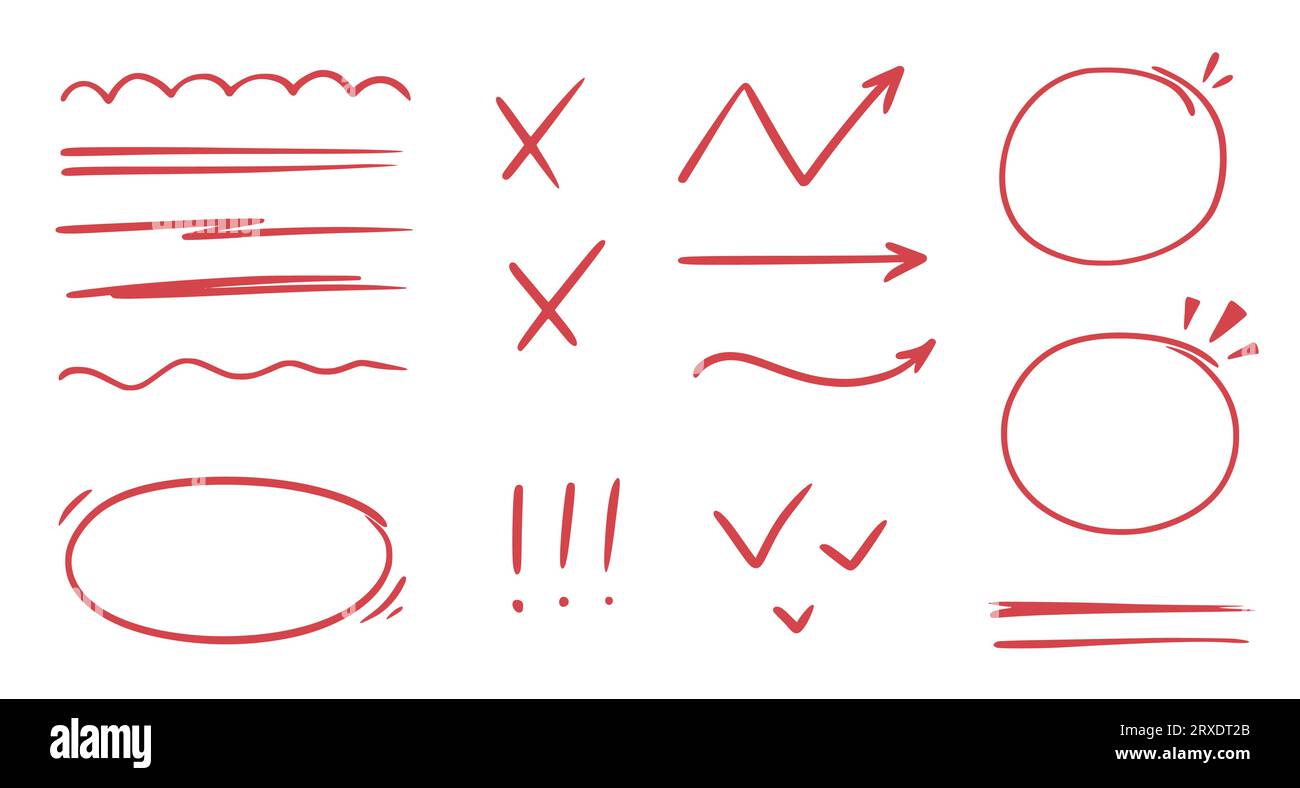 Red line check mark, underline, circle. Hand drawn doodle sketch red ...