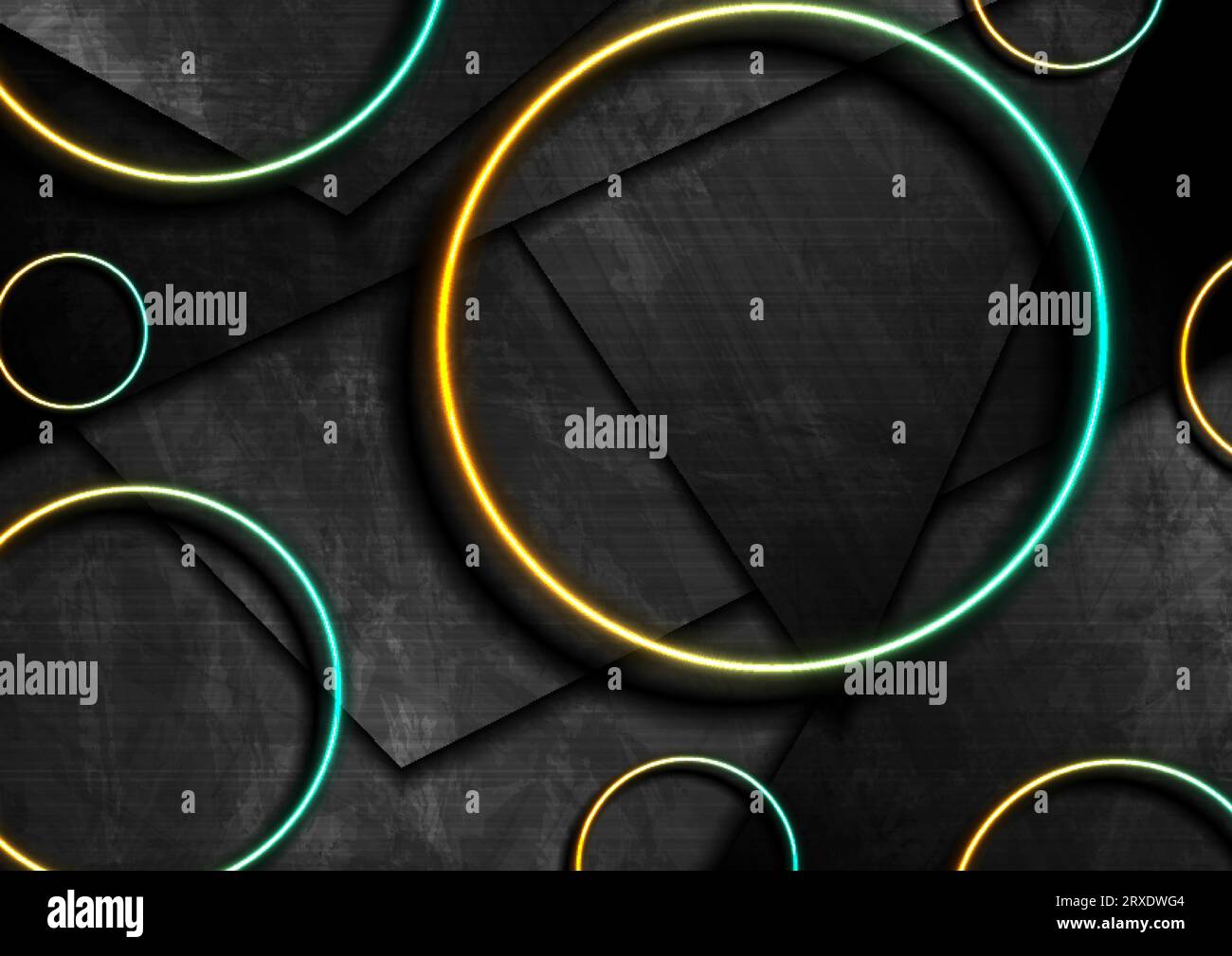 Bright neon glowing rings on dark grunge background. Corporate ...