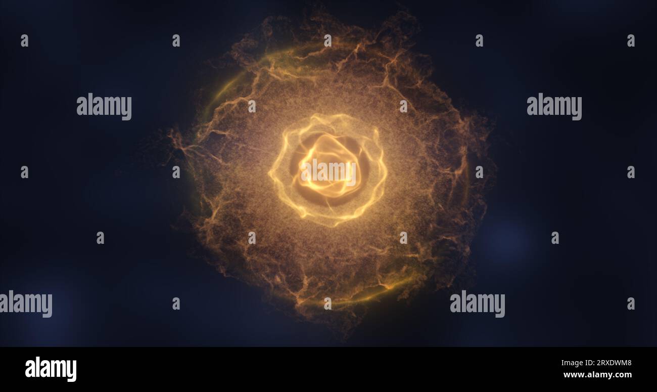 Abstract sphere atom with electrons flying glowing yellow bright ...
