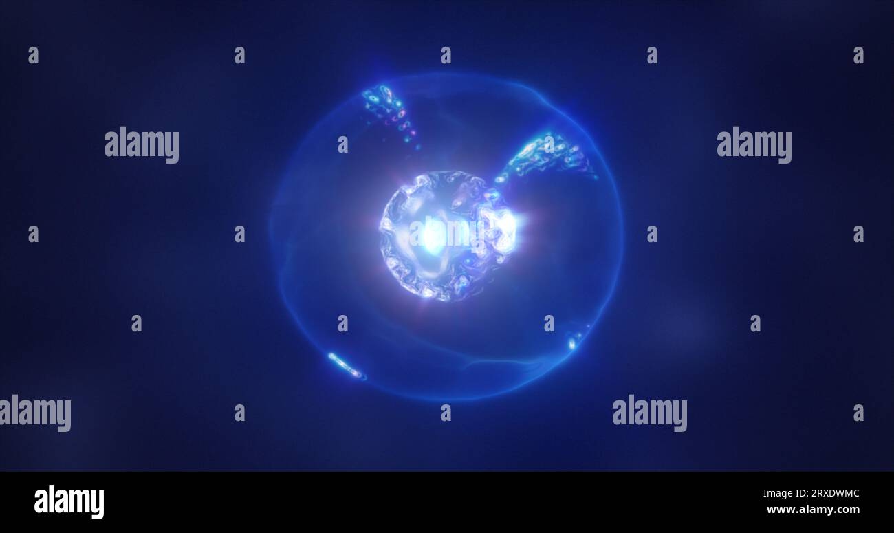 Abstract blue energy sphere with flying glowing bright particles ...