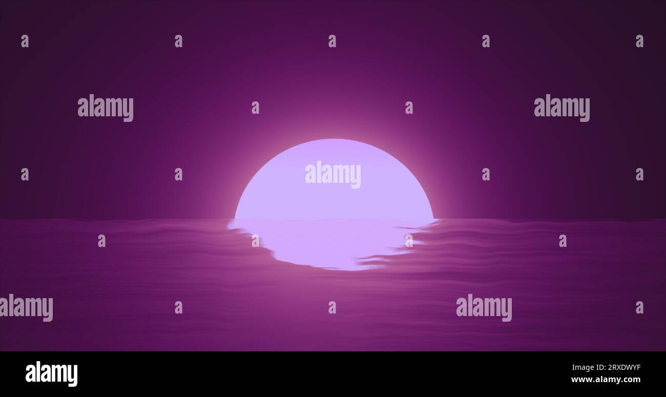 Abstract purple moon over water sea and horizon with reflections ...