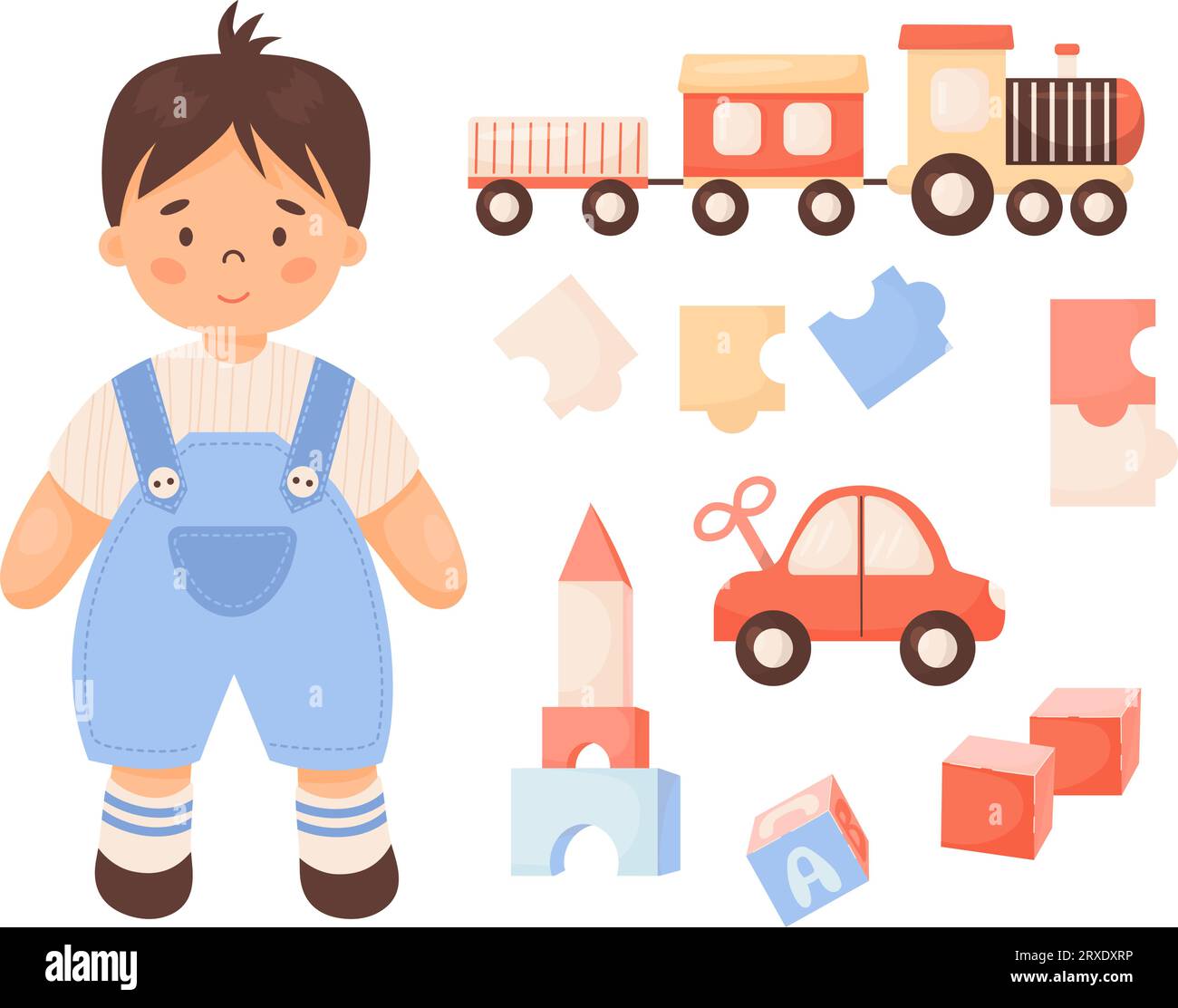 Children toys for boy. Cute boy in blue overalls, toy doll, train with ...