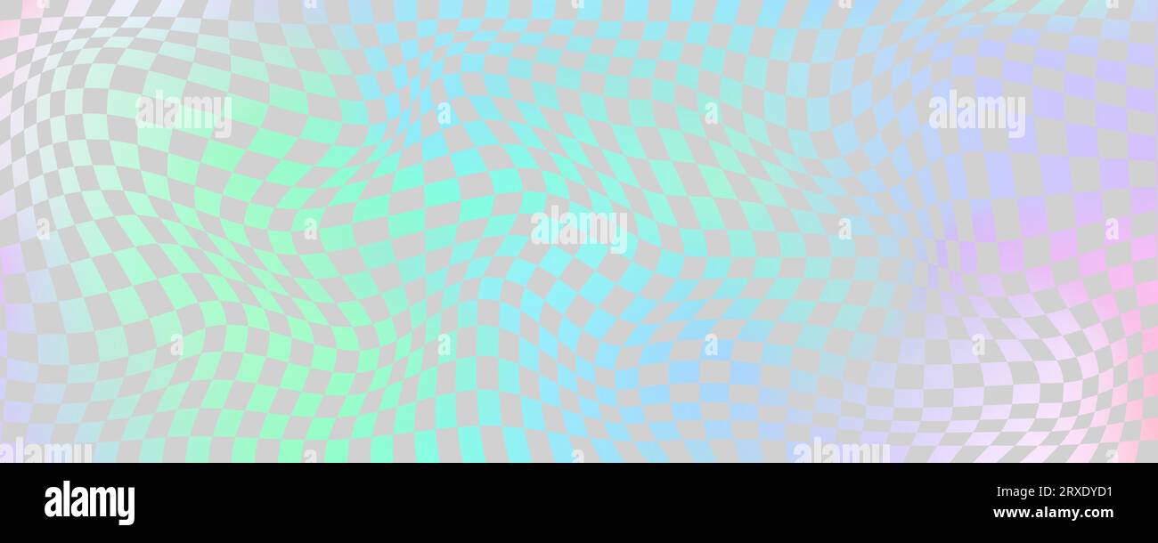 Checkerboard wavy pattern. Abstract holographic chessboard vector print. Y2k psychedelic optical ...