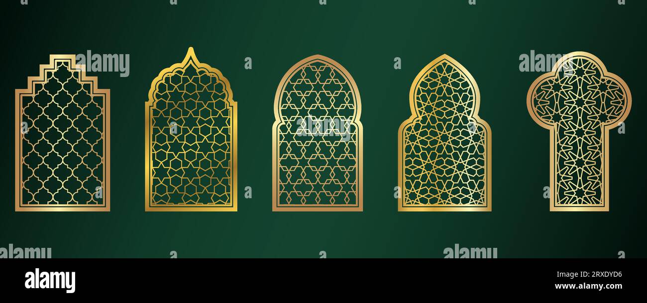 Golden Ramadan windows. Islamic door frames with ornament. Arabic ...