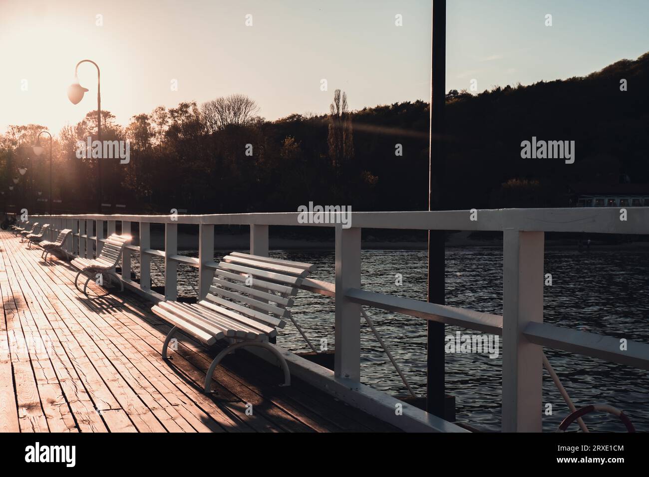 White Old wood bridge pier against beautiful sunset sky natural ...