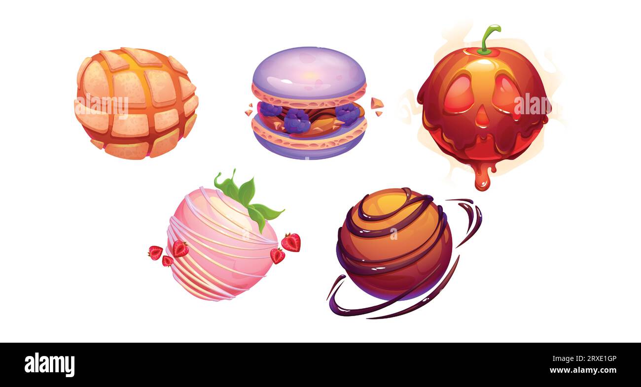 Fantasy sweet desserts planet. Cartoon vector set of confectionery and ...