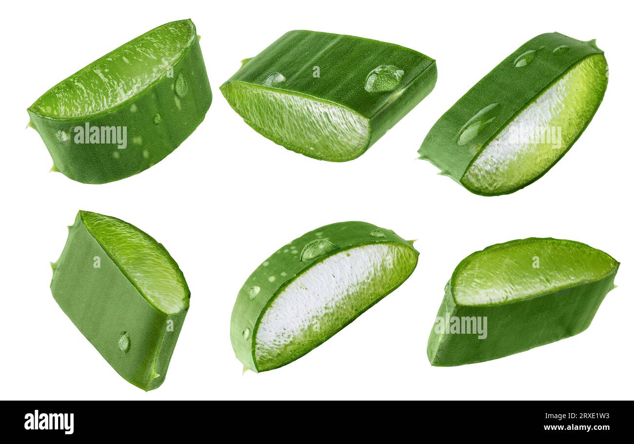 Set of fresh Aloe vera slice with aloe vera gel drops isolated on white ...